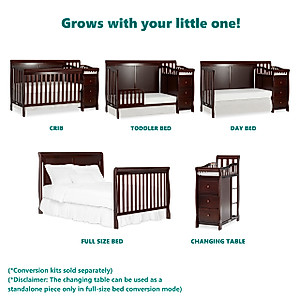 Dream On Me 5-in-1 Brody Full Panel Convertible Crib in Espresso with Changer, Spacious Drawers, Detachable Changing Table, 1''Changing Pad