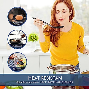 HOTEC Heat Resistant Large Silicone Cooking Spoon, Solid Slotted Spoons, Nonstick Kitchen Cookware Utensils, Mixing, Serving, Stiring Large Spoons, Black