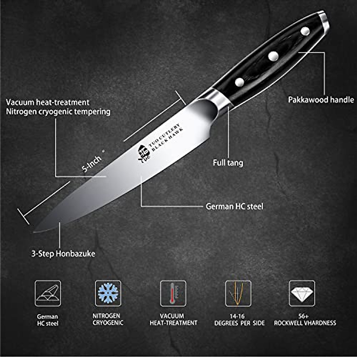 TUO Utility Knife - 5 inch Kitchen Chefs knife - Meat, Fruit, Vegetable Knife Paring Knife - German HC Steel - Full Tang Pakkawood Handle - BLACK HAWK SERIES with Gift Box