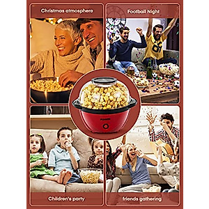 Popcorn Machine, 2-in-1 Automatic Stirring Hot Oil Popcorn Popper Maker & Grill Machine, Large Lid for Serving Bowl, 2 Measuring Spoons, Cleaning Brush, for Movie Night Kids Party Healthy Snacks