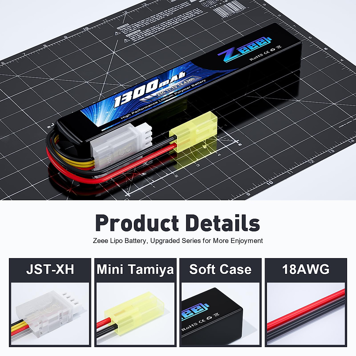 Zeee 3S Airsoft Lipo Battery 1300mAh 11.1V 25C 3S Stick Battery with Mini Tamiya Connector for Airsoft Guns Rifle