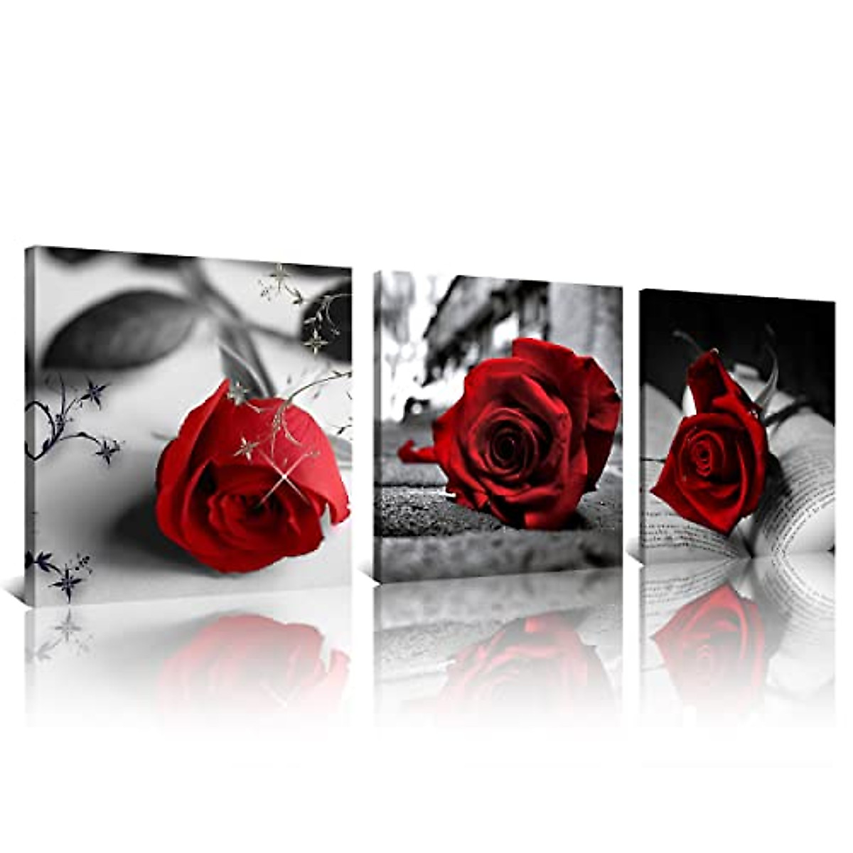 NAN Wind Canvas Print 3 Pcs Black and White Red Rose Canvas Art Painting Abstract Wall Art Decorations Flower Picture on Canvas for Home Decor Stretched and Framed