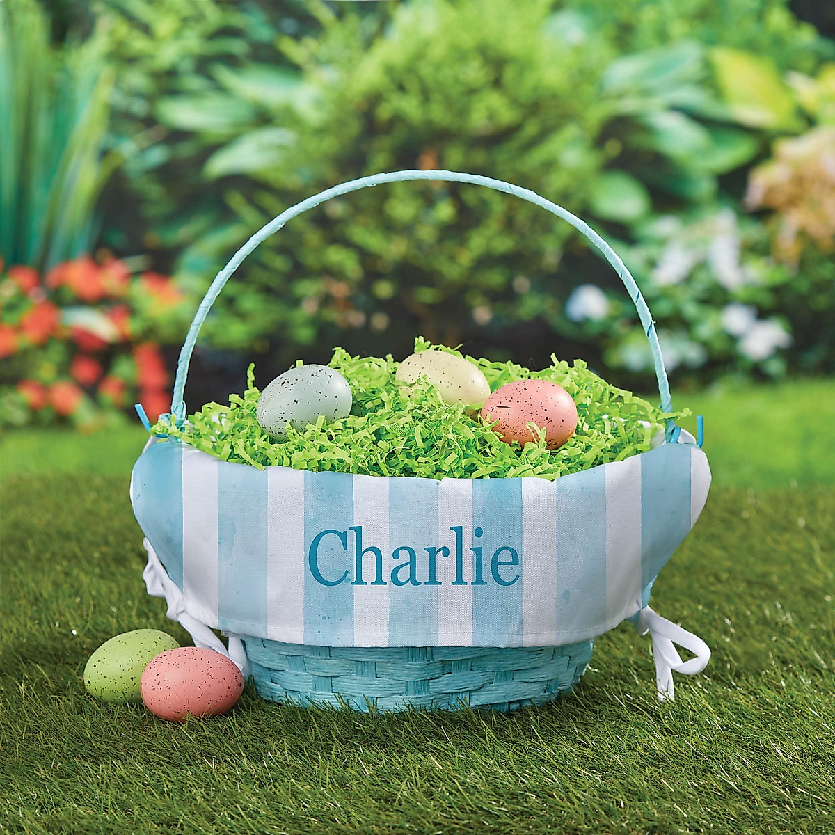 Personalized Easter Egg Basket with Handle and Custom Name | Blue Striped Easter Basket Liners | Blue Basket | Woven Easter Baskets for Kids | Customized Easter Basket | Personalized Gifts for Easter