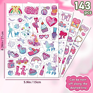 Waterproof Temporary Tattoos - 143pcs Groovy Fake Tattoo for Girls Birthday Party Favors, Princess Rainbow Shoes Power DIY Arts and Crafts Home Activity for Kids 6 7 8 9 10 11 12 years old