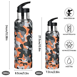 WELLDAY Water Bottle Orange Camouflage Double Wall Vacuum Insulated Flask Stainless Steel with Straw Lid 32oz