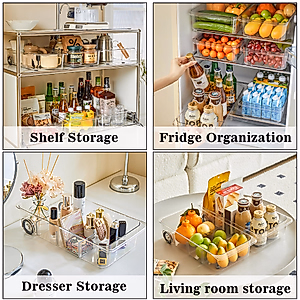 MANO 2 Pack Divided Rolling Refrigerator Tray Clear Roll Out Fridge Caddy Organizer with Wheels for Veggie Pantry Snackle Box Under Sink Bathroom Organizer and Storage Bins