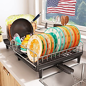 Dish Drying Rack, Kitchen Counter Dish Drainers Rack Expandable(16.9" to 26.8"), Auto-Drain Drainboard Stainless Steel Large Strainers Drying Rack with Pan Holder Utensil Holder Caddy Organizer, Black