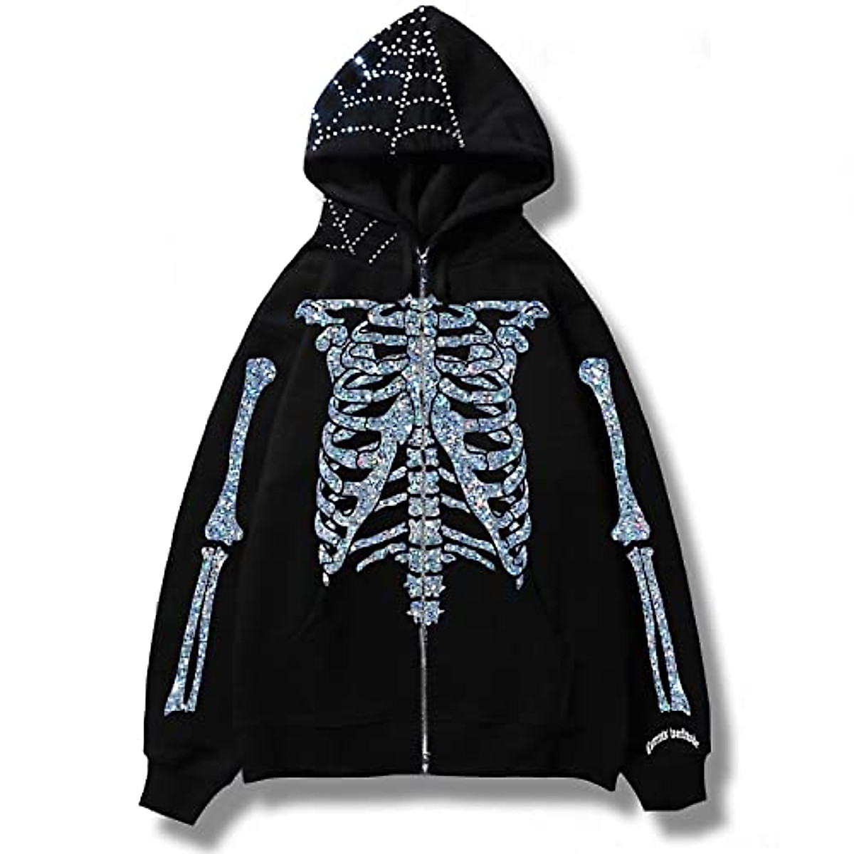 AQQYA Skeleton Zip Up Hooded Sweatshirt for Men Women, Y2K Diamond Glitter Grunge Punk Dark E-Girl Hoodie Silver Skull X-Large