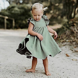 Toddler Baby Girl Dress Summer Cotton Linen Ruffle Halter Sleeveless Kids Casual Beach Party Dresses 2-7 Years (Grey Green, 4-5T, 4_Years)
