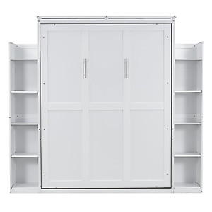 Merax Queen Size Murphy Bed, Queen Wall Bed Frame with Shelves and LED Lights, White