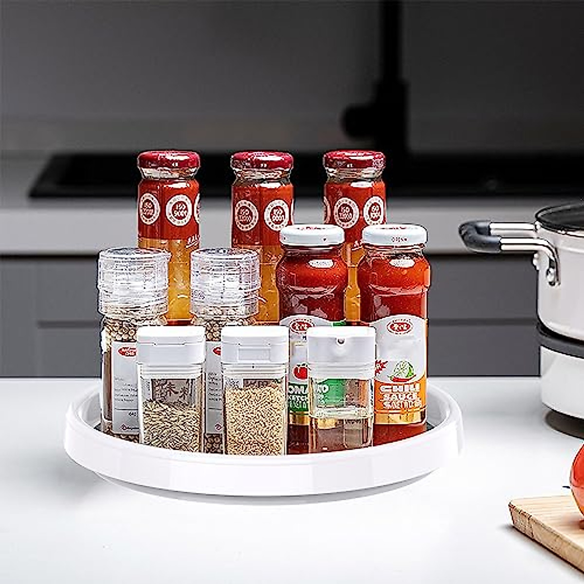 Pretireno Lazy Susan Turntable 1 Pack, Non-Skid Lazy Susan Organizer 10 Inch for Cabinet, Pantry, Kitchen, Countertop, Vanity Display Stand White/Gray