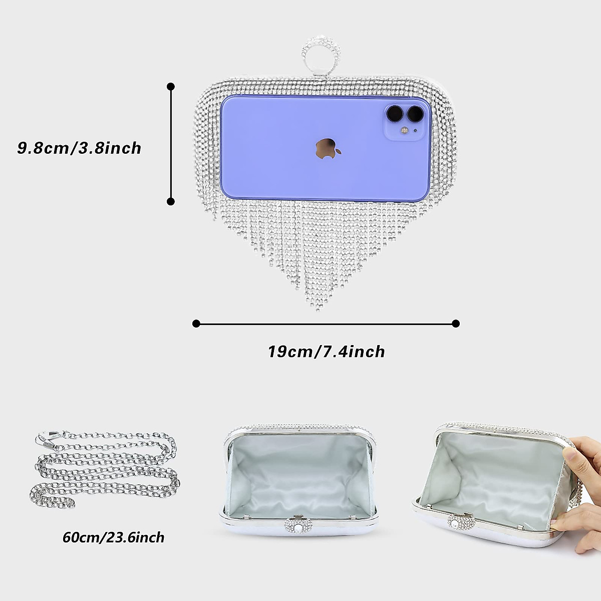 Bellawish Silver Clutch Purse for Women Evening Wedding Rhinestone Fringe Purse Women'S Evening Handbags for Party Prom Disco Club Cocktail