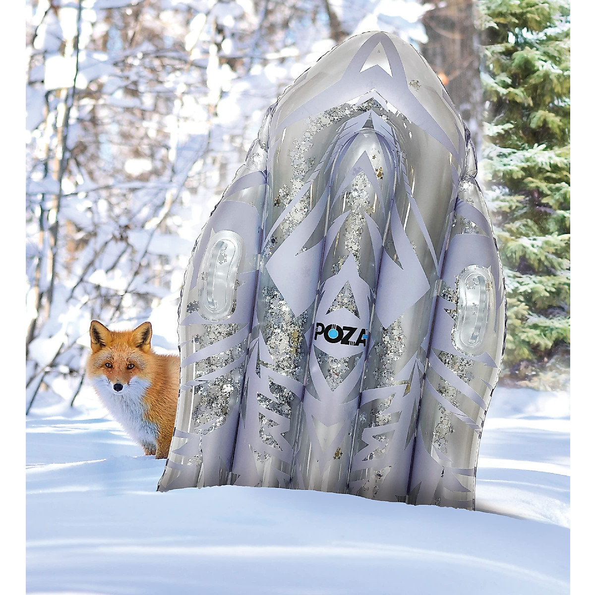 POZA Inflatable Silver Snow Tubes Collection - Silver Snow Sled Tube, Snowmobile, Boogie Sled with Handles and Snowflake Confetti, Cold Resistant Heavy Duty PVC Tube Sled for Adults and Kids - 3 Piece