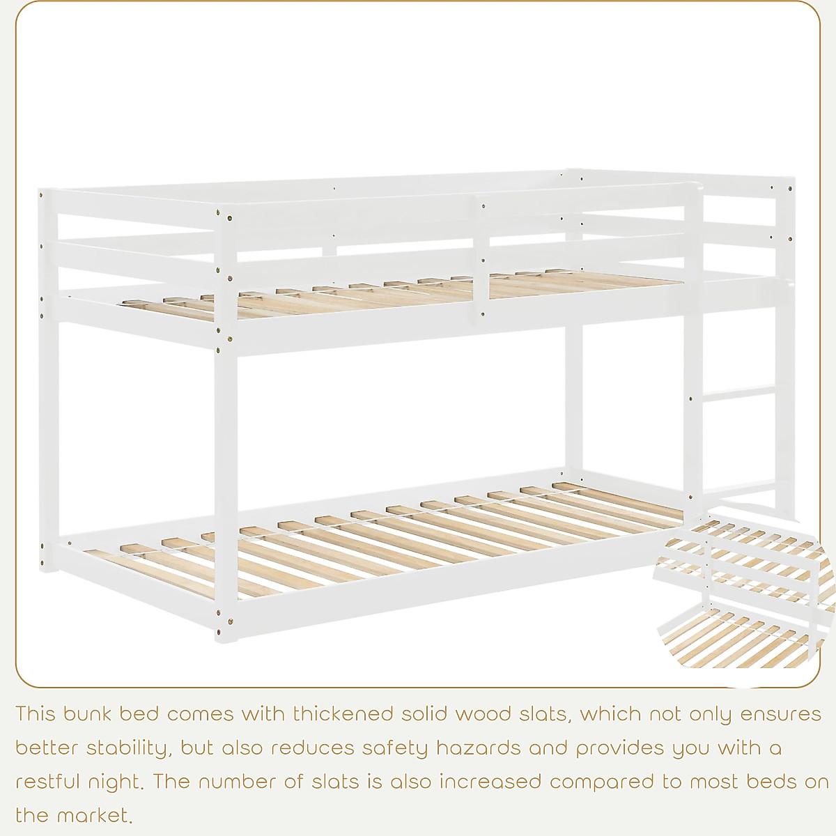 Harper & Bright Designs Low Bunk Beds Twin Over Twin Wood Twin Bunk Bed Frame with Safety Rail Ladder for Kids Bedroom Twin Floor Bunk Bed for Boys Girls Teens, White
