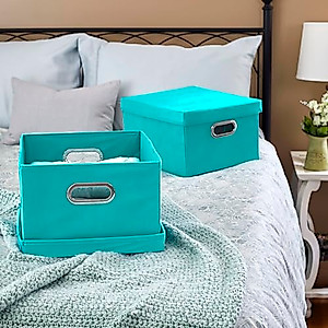 Household Essentials Fabric Storage Boxes with Lids and Handles, Aqua