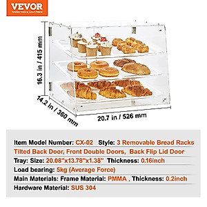 VEVOR Pastry Display Case, 3-Tier Commercial Countertop Bakery Display Case, Acrylic Display Box with Rear Door Access & Removable Shelves, Keep Fresh for Donut Bagels Cake Cookie, 20.7"x14.2"x16.3"