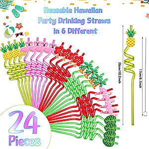 24 Pcs Hawaiian Reusable Plastic Straws with 2 Cleaning Brush Luau Theme Straws Flamingo Drinking Straws Aloha Party Favors for Kids Birthday Beach Pool Party Supplies