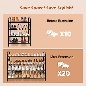 4-Tier Expandable Shoe Rack, Adjustable Metal Shoe Rack for Front Door Metal Black Free Standing Shoe Storage Organizer for Small Space Entryway Garage Hallway Bedroom Easy to Assemble, Black
