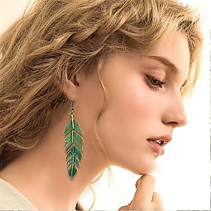 Handmade Boho Vintage Green Bronze Lightweight Statement Leaf Earrings with Detailed Texture Drop Dangle Earring for Women (Green)