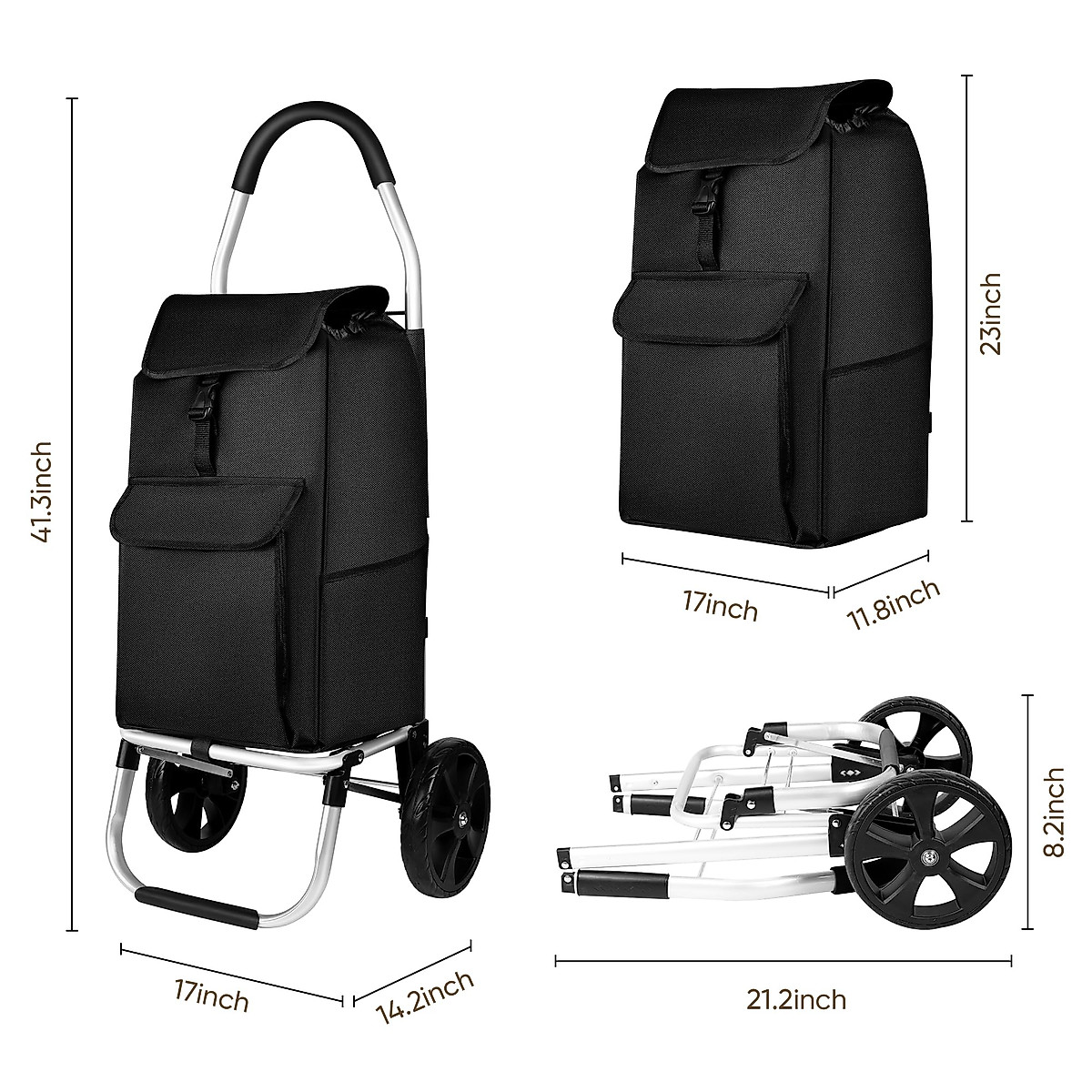 2-in-1 Foldable Utility Cart,Bumkimue Portable Grocery Shopping Cart with Wheels, Removable Waterproof Bag, Collapsible Lightweight Large Capacity Hand Truck for Supermarket,Grey, Gray