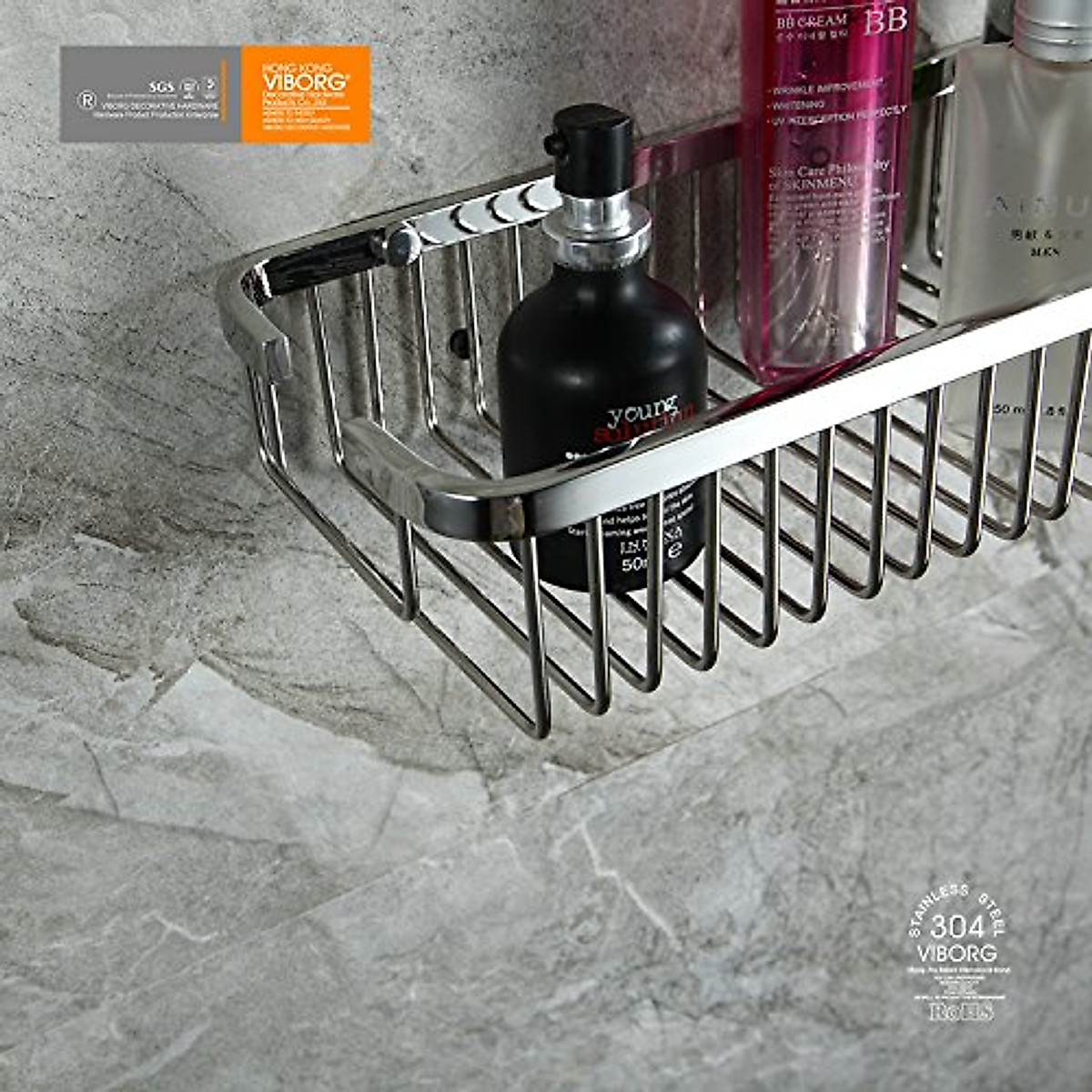VIBORG Deluxe Solid Thick SUS304 Stainless Steel Wire Wall Mounted Single Tier Bathroom Rectangular Shower Basket Bath Caddy Shelf Organizer Storage Holder for Shampoo Conditioner Polished mirror-like