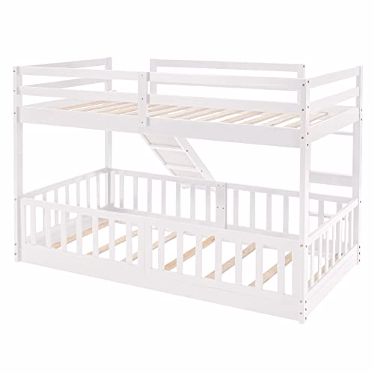 FIQHOME Twin Over Twin Bunk Bed with Slide and Ladder,Floor Bunk Bed for Kids Toddlers, Wood Low Bunk Beds Frame with Ladder and Fence for Boys Girls Teens,White