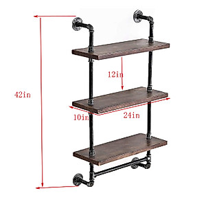 MIQ Industrial Pipe Shelf,Rustic Wall Shelf with Towel Bar,24" Towel Racks for Bathroom,3 Tiered Pipe Shelves Wood Shelf Shelving …