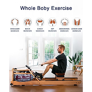 TOPIOM Water Rowing Machine for Home Use, Solid Wood Rower Machine with Upgraded Handle and Adjustable Footpad, TM3 Dedicated Monitor & Bluetooth Connection (Oak Pro)
