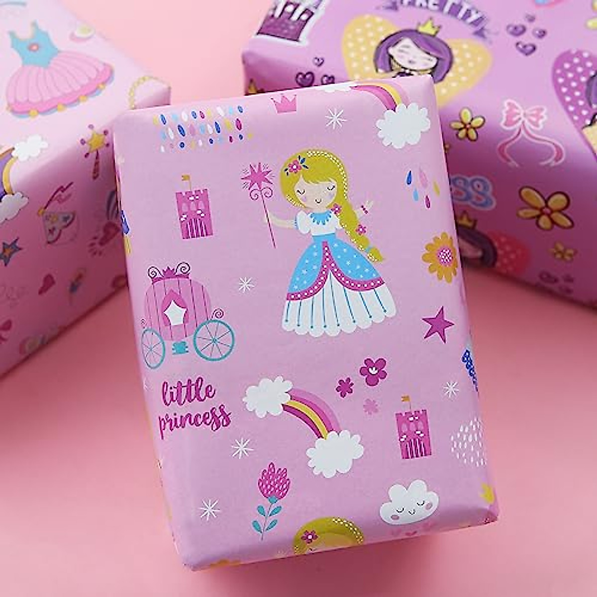 Princess Dressed in Pretty outfits On Pink Gift Wrapping Paper Flat Sheets (4-Sheets, 4-Designs: 15 sq. ft. ttl)-For Girls Baby Shower, Birthday, Christmas Holiday Gift Wrap, Princess Party Supplies and More