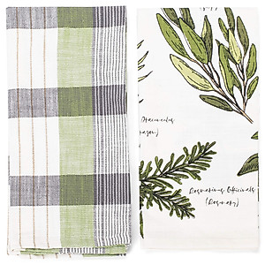 Design Imports Moss Green Plaid Herb 28 x 18 Cotton Decorative Hanging Dishtowel Set 2