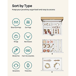 SONGMICS Jewelry Box, 3-Tier Jewelry Organizer Box, Locking Jewelry Case with Large Mirror, 2 Drawers, Gift Idea, for Rings, Earrings, Bracelets, Necklaces, White and Wood Grain Color UJOW15WN