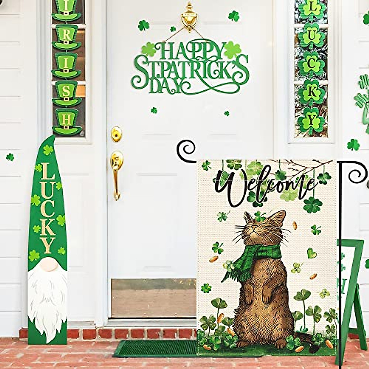 AVOIN colorlife St Patricks Day Welcome Cat Garden Flag 12x18 Inch Double Sided, Shamrock Lucky Clover Rustic Holiday Yard Outdoor Flag