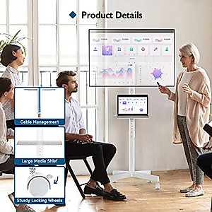 Mobile TV Cart for 23-60 Inch LED LCD Flat Curved Screens TVs, Rolling TV Stand with Locking Wheels Holds Up to 55lbs, Height Adjustable Portable Stand with Media Shelf Tray, Max VESA 400x400mm(White)