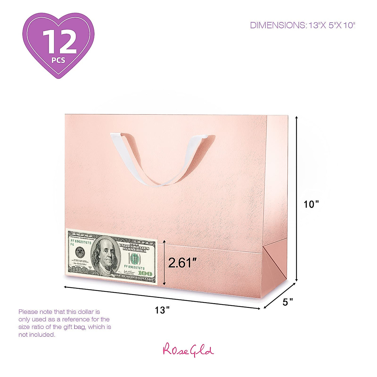 ROSEGLD 12 Large Gift Bags 13x5x10 Inches, Luxury Gift Bags, Rose Gold Gift Bags with Handles for All Occasions (Glossy Rose Gold with Grass Texture)