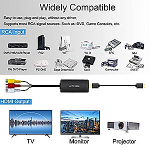 RuiPuo RCA to HDMI Converter, AV to HDMI Adapter, Composite to HDMI Adapter Support 1080P, PAL/ NTSC Compatible with WII/WII U/PS one/PS2/PS3/STB/Xbox/VHS/VCR/Blue-Ray DVD ect.