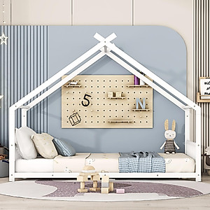 Montessori Floor Bed with Headboard and Footboard, Twin Floor Bed with Slats, Metal House Floor Bed for Kids, Girls, Boys, White Montessori Bed Twin Size