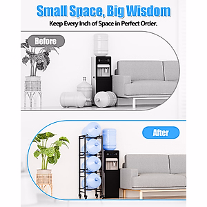 5 Gallon Water Jug Holder, Moveable 4 Tier Heavy Duty Water Rack with 4 Wheels, Rack for Water Jug Storage, Space Saving Water Stand for Four 5 Gallon Water Jugs, Black