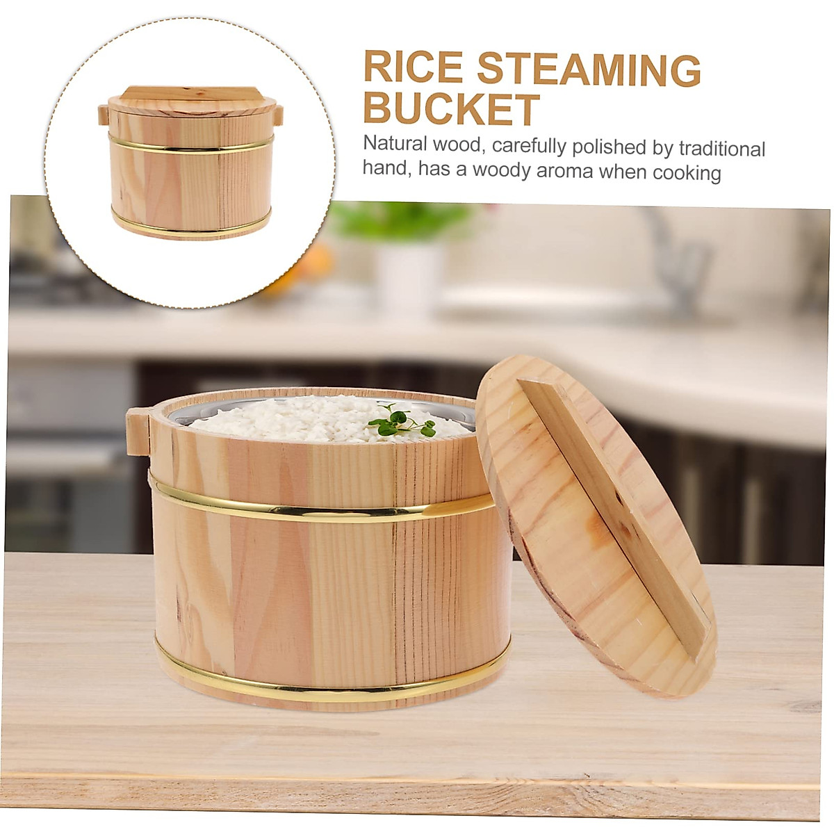 UPKOCH 1 Set Cask Rice Cask Steamed Rice Bucket Sushi Rice Steamed Container with Lid Dim Sum Steamer Stainless Steel Steamer Wood Bucket Wooden Rice Bucket Kitchen Tool Wooden Dessert