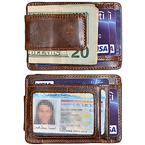 HOPSOOKEN Money Clip RFID Front Pocket Wallet Men Leather Slim Minimalist Wallet (Brown with ID Window (Crazy Hourse Leather))