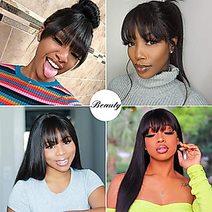 Lzlefho Silky Brazilian Virgin Straight Human Hair Wigs with Bangs 130% Density None Lace Front Wigs (Natural Black, 16inch)