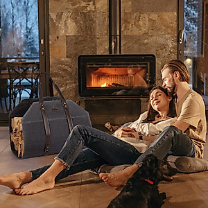 Log Carrier|Waxed Canvas Log Holder|Firewood Carrier Tote Bag|Fireplace Wood Stove Accessories-Grey