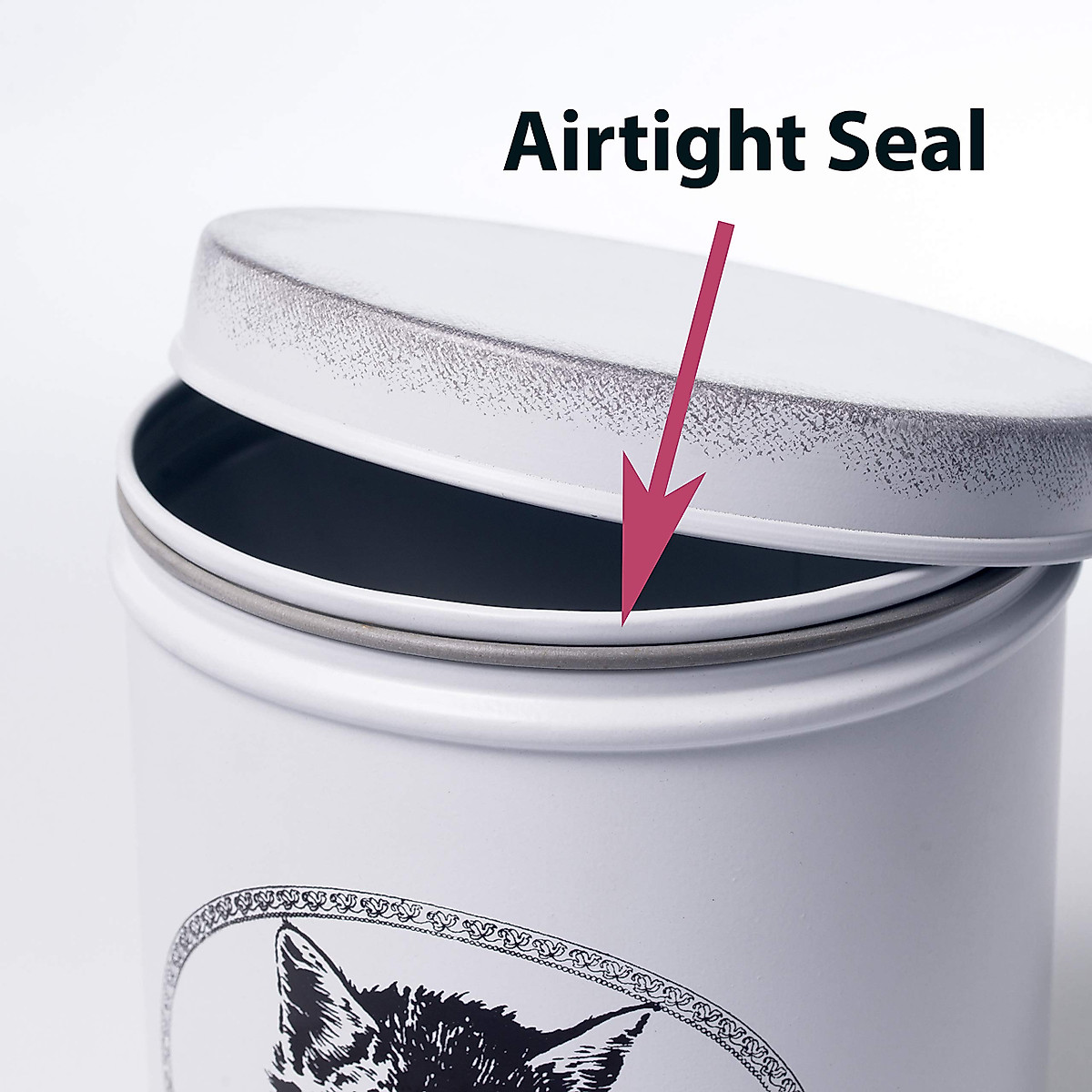 The PetSteel Antique White Treat Jar. Sturdy Treat or Food Storage Canister with Cute Cat Design.Tight Fitting Lids. Pet Food Container Fit's Up To 2lbs of Treats