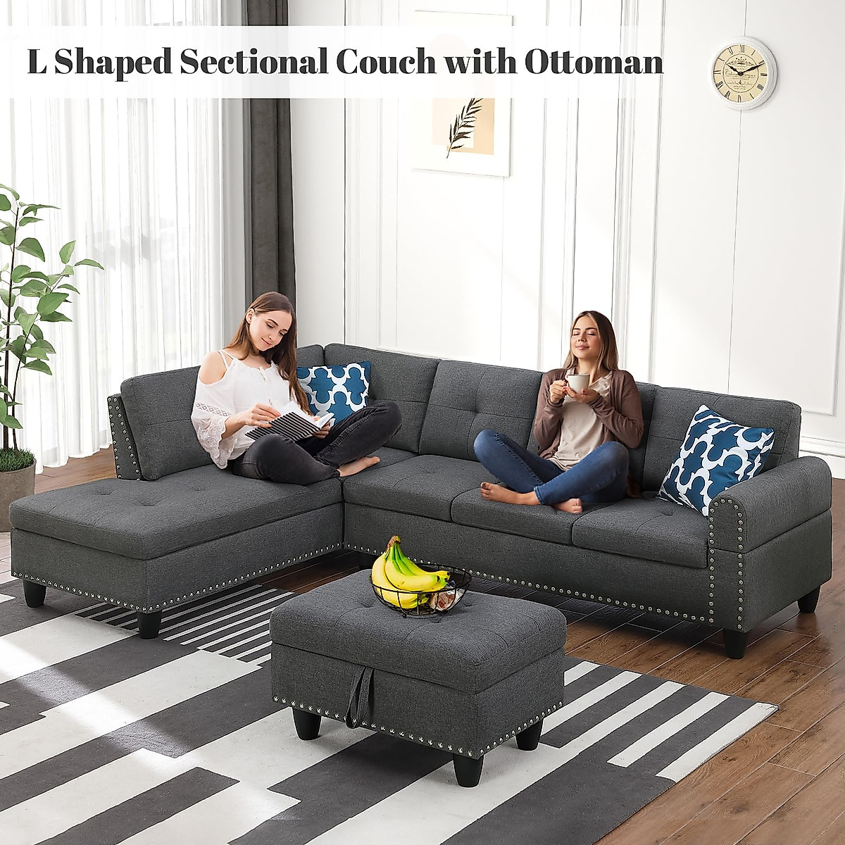 Rovibek L Shaped Sectional Couch with Ottoman and Pillows, 2 Cup Holders Design Living Room Sofa Set for Apartment, Office