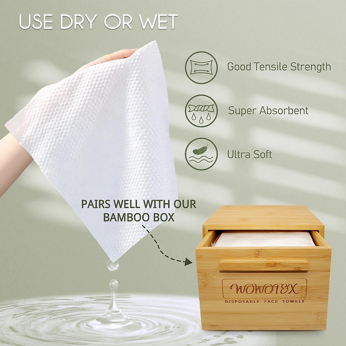 WOWOTEX Disposable Face Towel Biodegradable Large Dry Wipes 60 Count/Box Extra Thick Soft Clean Facial Towels for Sensitive Skin, Makeup Removing, Cleansing, Nursing, Travel, 10×12 Inches