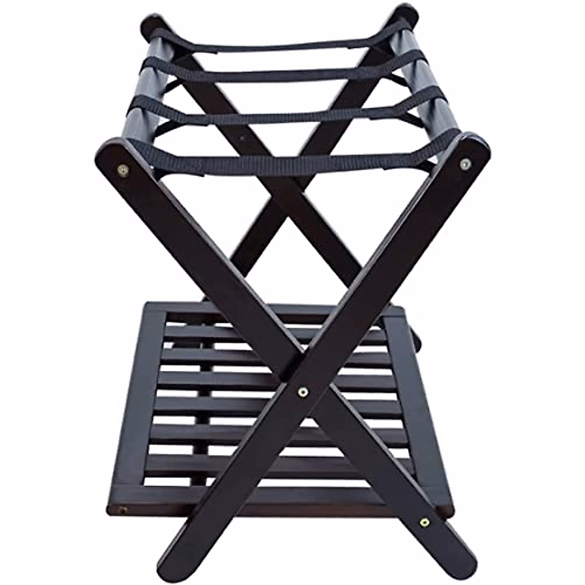 MYOYAY Folding Luggage Rack Bamboo Wood Collapsible Suitcase Stand with Shelf Portable Luggage Holder Ideal for Guest Room Bedroom Hotel, Black