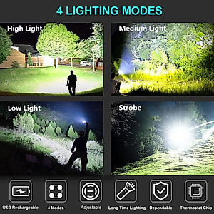 LED Rechargeable Flashlights High Lumens, 290000 Lumen Super Bright Flashlight with ΒATTERY & USB Cable, Powerful Handheld Waterproof flashlights with 4 Modes for Home/Camping/Emerge∩cy/Reading