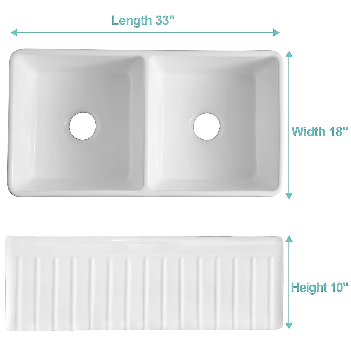 Double Bowl Kitchen Sinks, HOROW 33 inch White Kitchen Sink 50/50 Apron Front Ceramic Fireclay Farmhouse Sink, 33"W x 18"D x 10"H