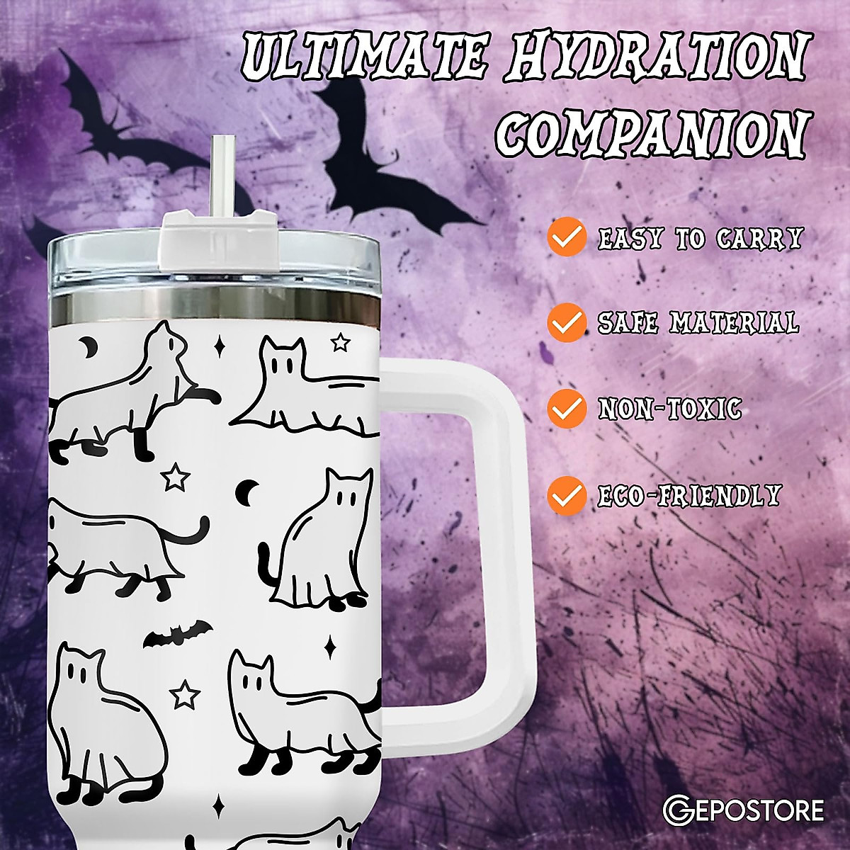 GEPOSTORE Christmas Gifts for Women Men Boys Girls, Spooky Boo Cat Tumbler 40 Oz With Handle, Cute Ghost Kitty Stainless Steel Vacuum Insulated Cup, Funny Christmas Halloween Decorations Gifts