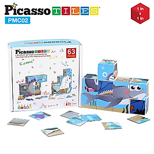 PicassoTiles 1” Magnetic Puzzle Cubes for Kids, 3D Sea Ocean Animal 63pcs Exploration Blocks, Kids Focus Learning & Stacking Toys, STEM Educational Preschool Toddler Classroom Activity, Boys Girls