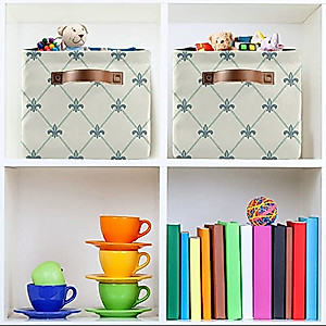 Fleur De Lis Storage Basket Floral Plaid Storage Organizer Box Bin Large Collapsible Cube Baskets with PU Handles for Shelf Closet Nursery Laundry 2 Pack